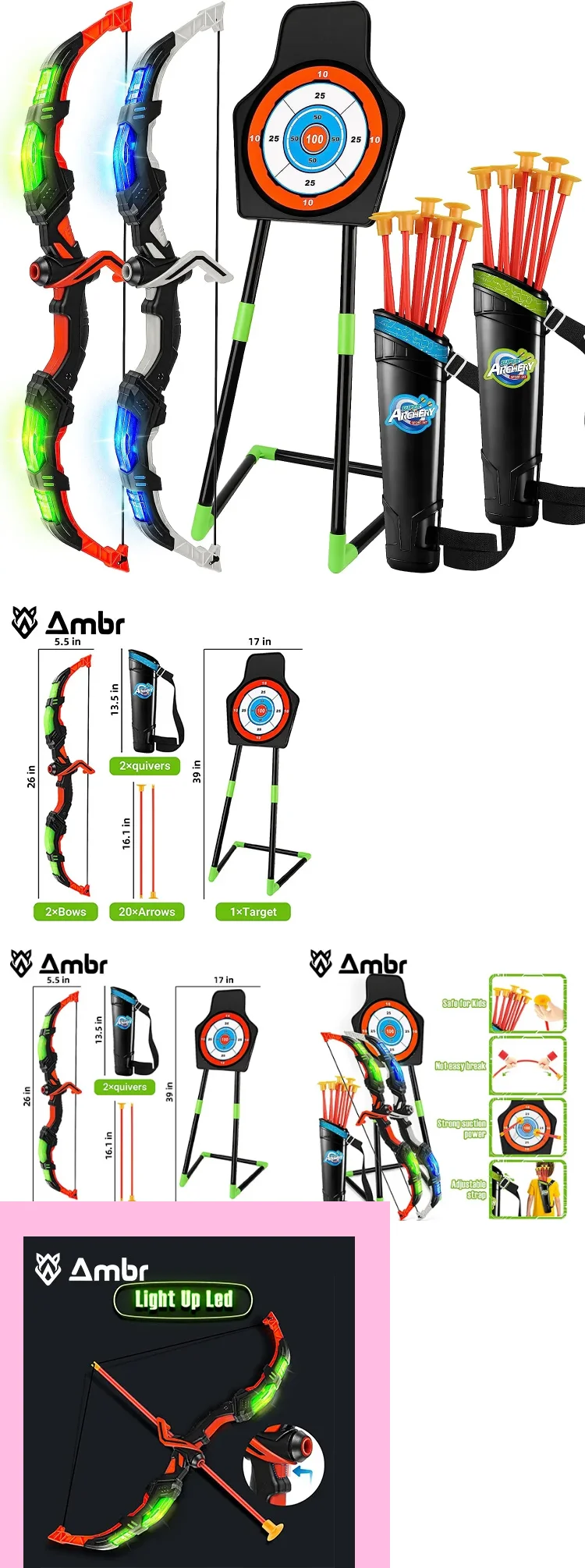 Ambr 2024 Archery Toy Set For Boys With Led Lights Includes 2 Bows 20 ...