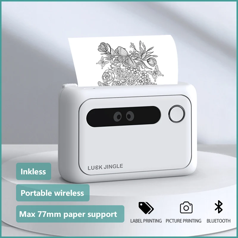 LUCK JINGLE 3 Inch Mini Printer for Sticker 304DPI Label Note Student ...