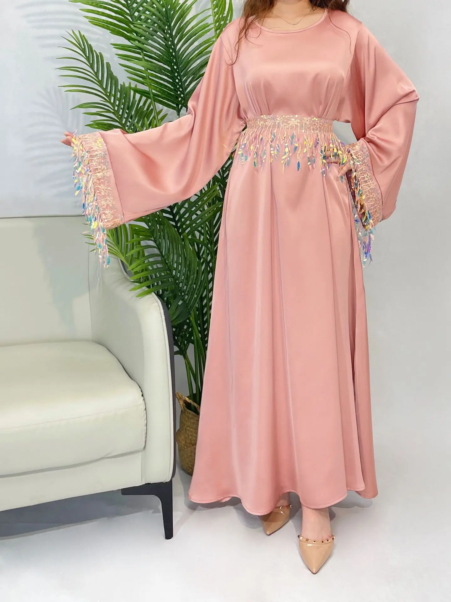 Bicomfort 2024 Modest Islamic Clothing Satin Evening Gown Hand Beading Plus Size Dubai Abaya ...