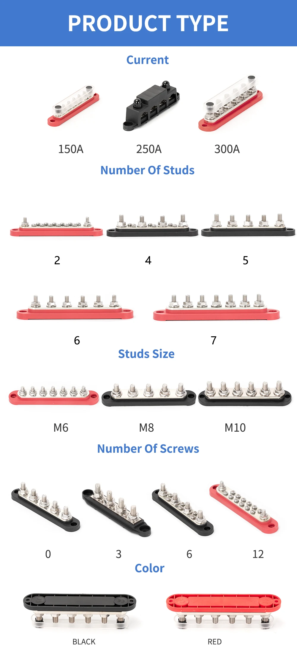 500a Busbar Copper Terminal Busbar Power Distribution Block 6studs 2x 3/8''post (m10)+4x5/1 ...