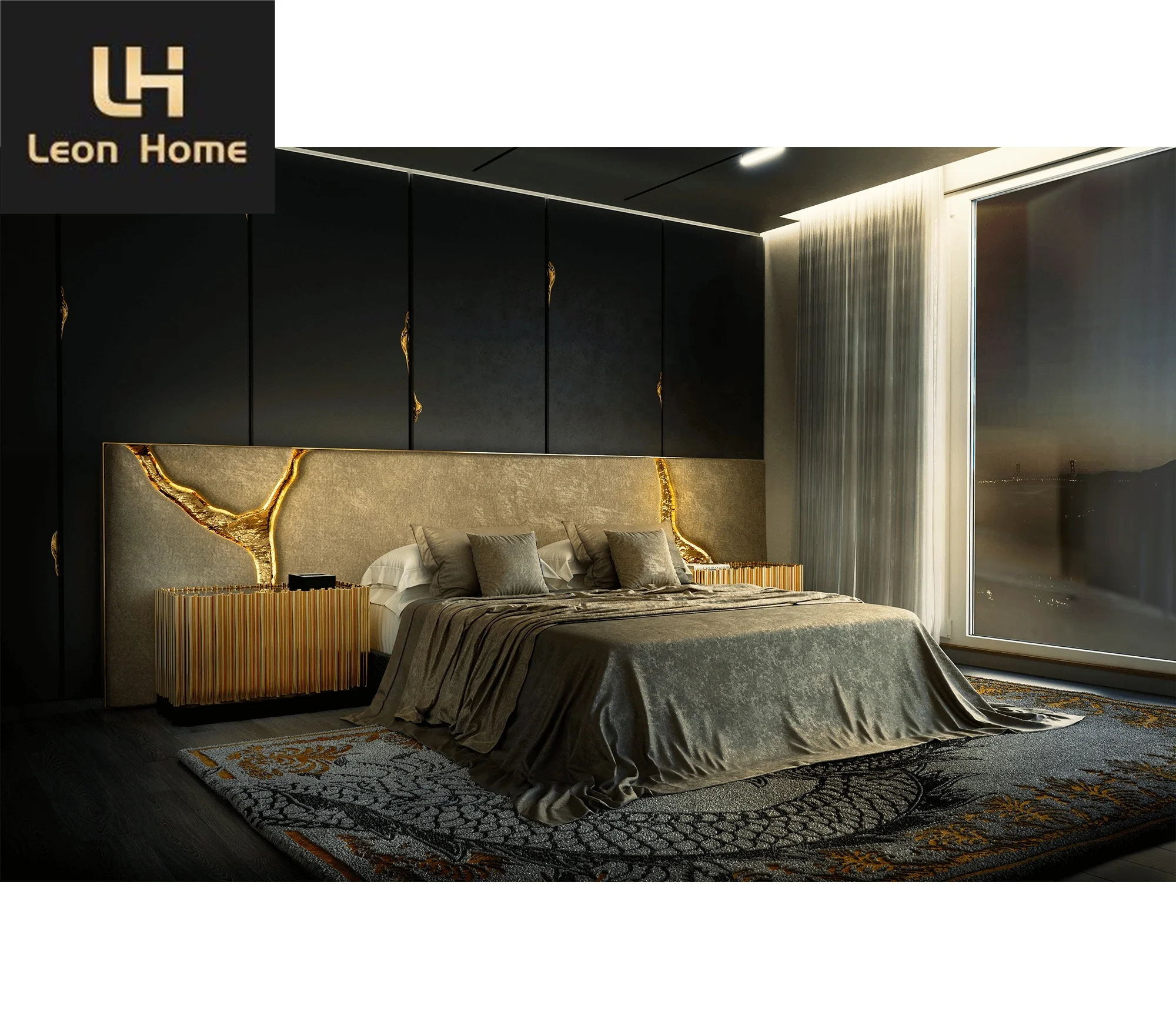 Customized Modern Luxury King Size Bed Wide Headboard With Gold ...