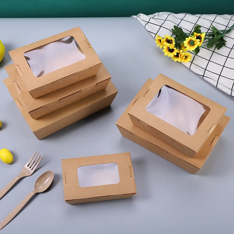 Custom recyclable kraft paper transparent window salad food boxes with ...
