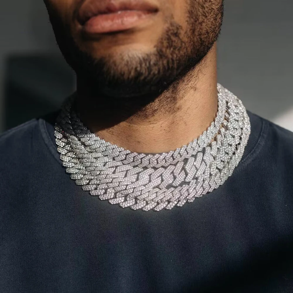 Iced Out Vvs Moissanite 2 Rows Miami Gold Cuban Chain Necklace 925 ...