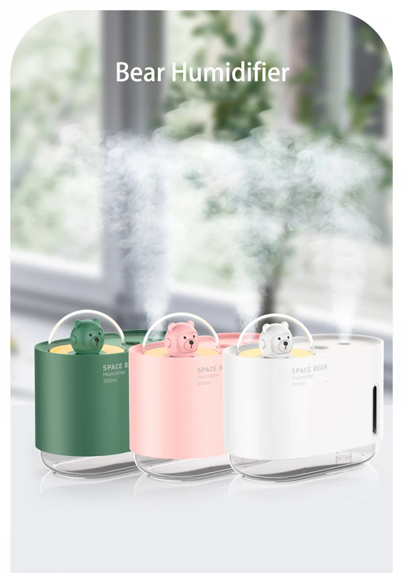 Space Bear Air Humidifier - 300ml Cool Mist for Home & Office