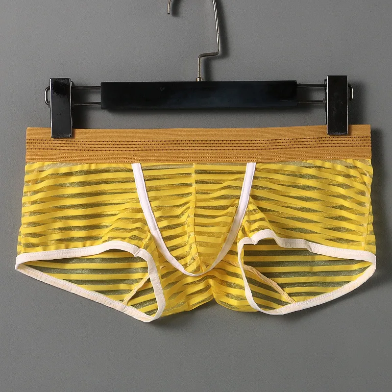 Gay Men Mesh Boxer Low-waisted Mesh Underwear Young Striped Boxer Sexy ...
