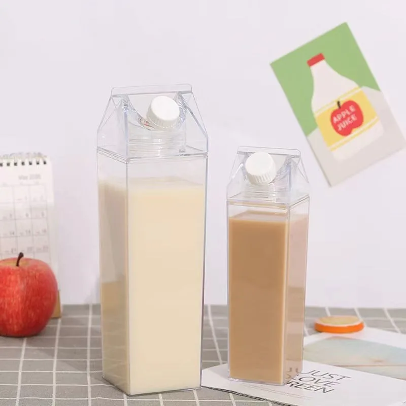 Clear Square Milk Carton 1L Water Bottle With Stickers Plastic Portable ...
