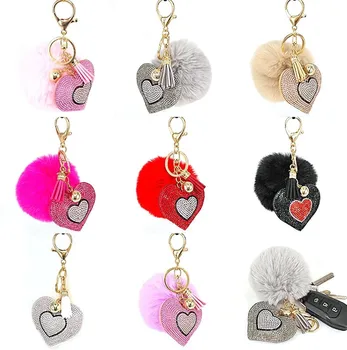 Wholesale Bag Accessories Cute Heart Crystal Puff Keychains Custom ...