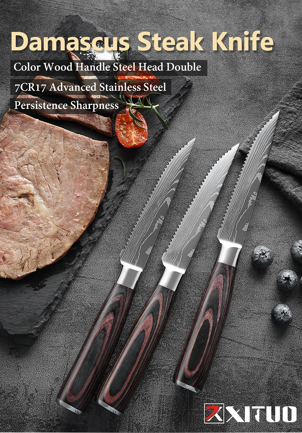 High Quality Steak Knife Damascus Pattern Stainless Steel Serrated Meat ...