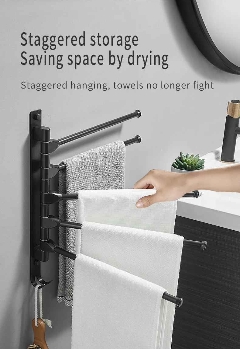 Toilet Towel Rack Black Rotating Towel Bar Space Aluminium Movable Wall ...