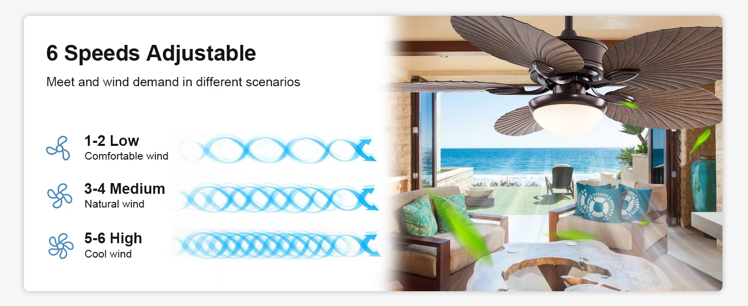 52-Inch Tropical Island Ceiling Fan with Lights Palm Leaf Blades Three ...
