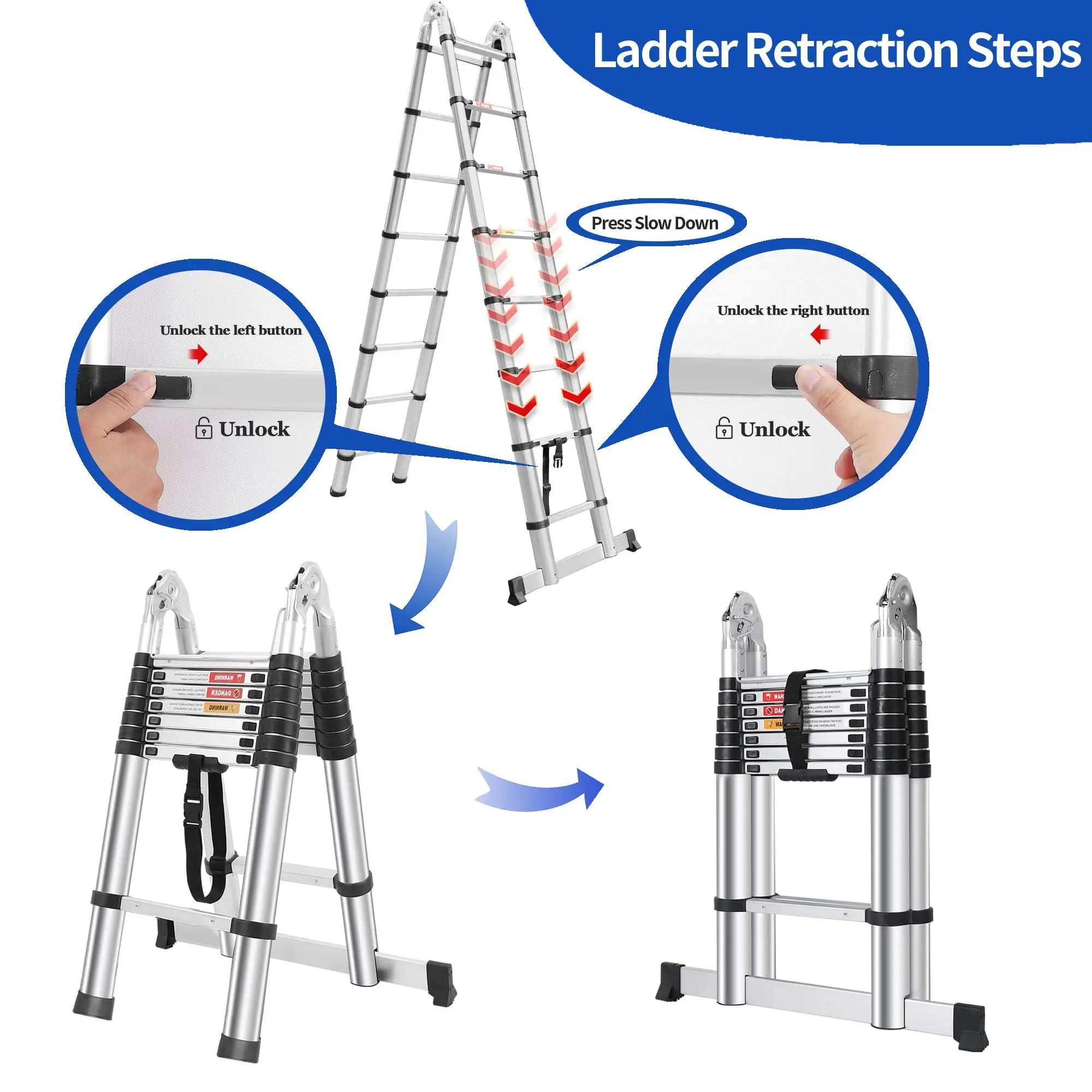Telescoping a Frame Folding Ladder Aluminum Alloy Lightweight Extension ...