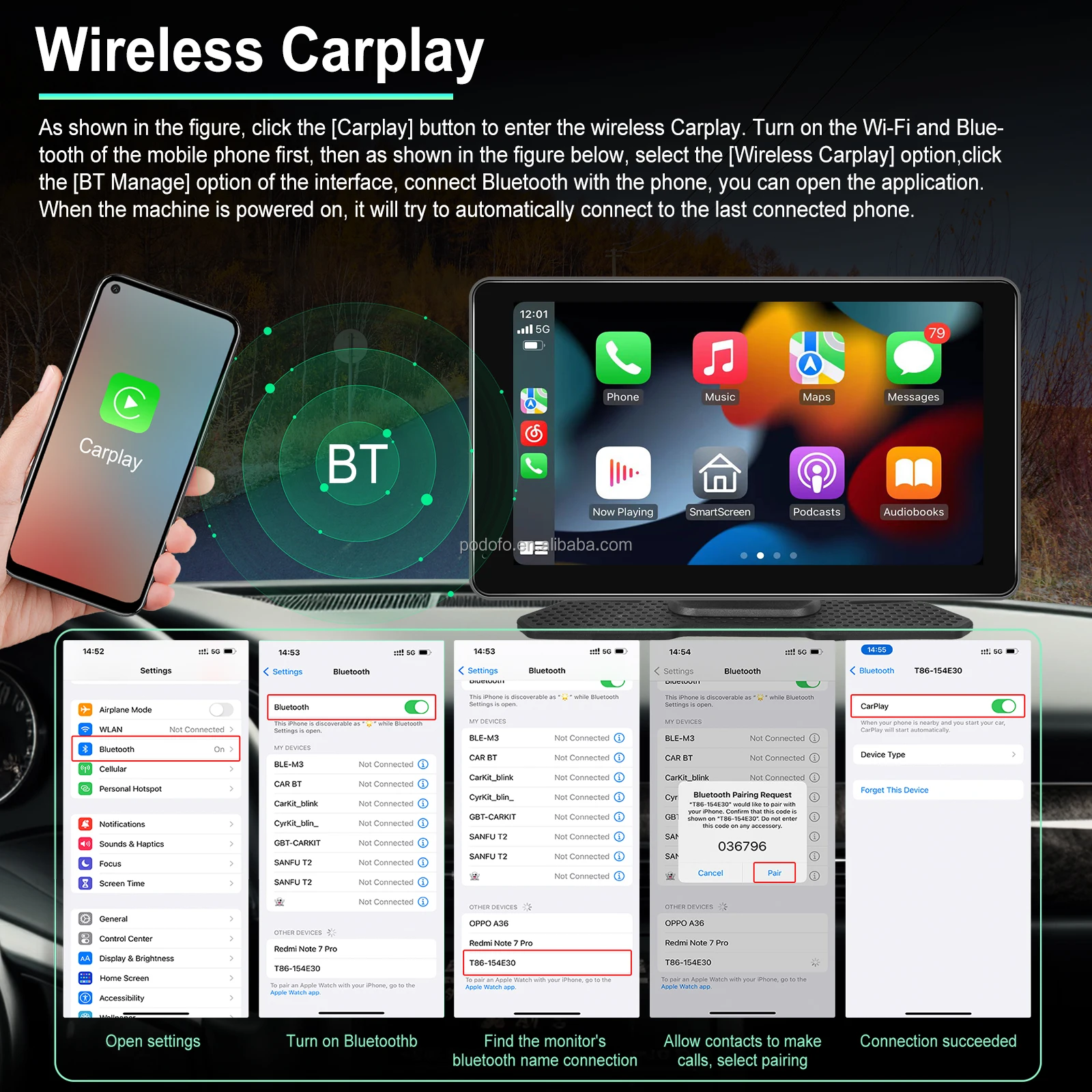 Podofo Portable 7 Inch Smart Car Monitor PND Car Radio Wireless Carplay ...