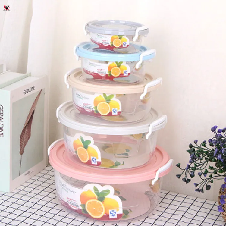 plastic round food airtight box set 5pcs crisper boxes with handles ...