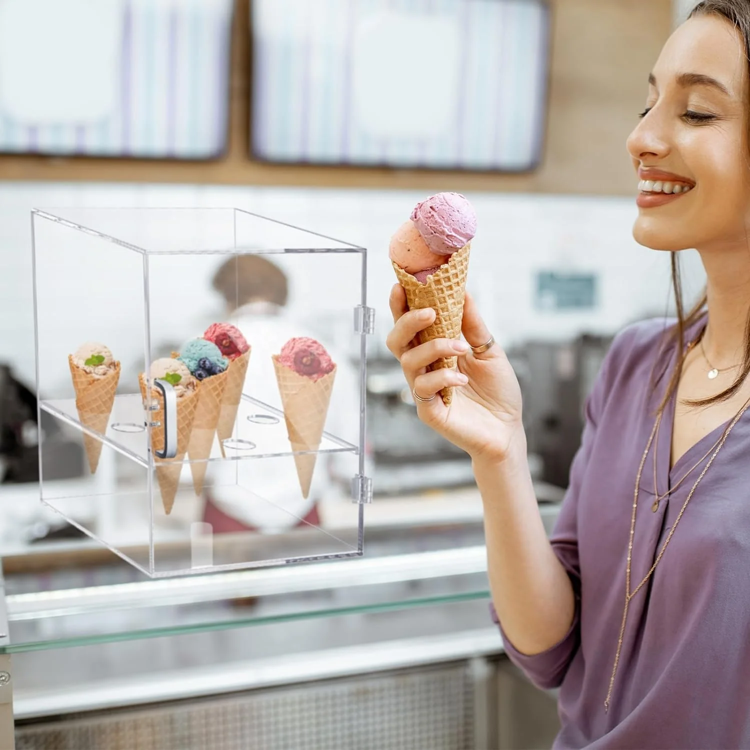 Acrylic Ice Cream Cone Holder Cabinet - Transparent & Customizable