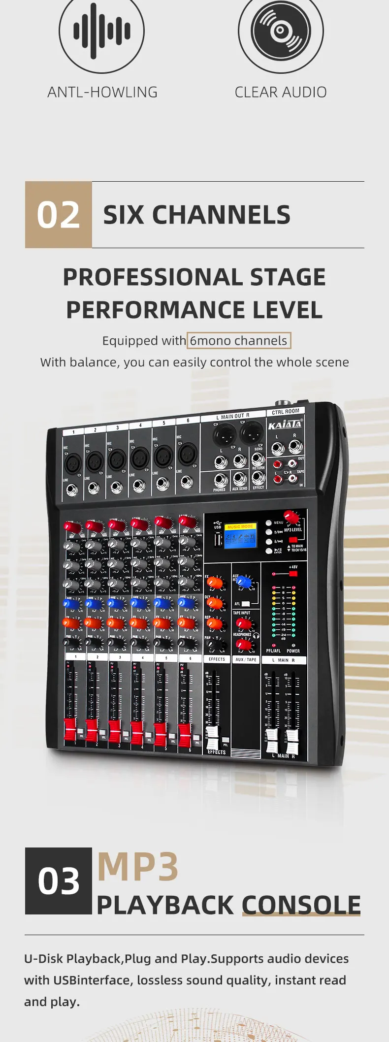 KAIKA CT6-2 6 Channel Power Mixer Amplifier for Professional Audio