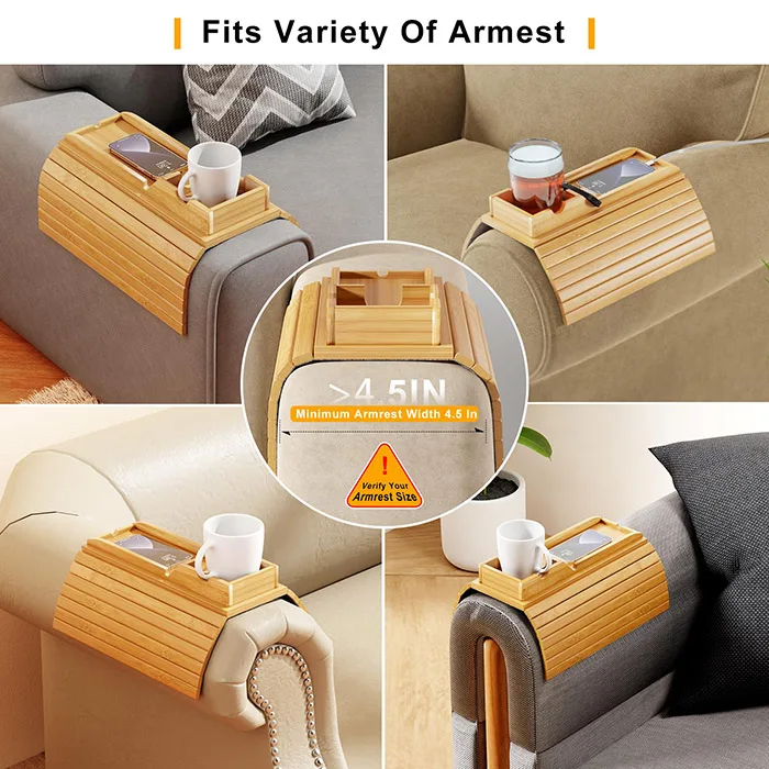 Bamboo Sofa Arm Tray Table Couch Cup Holder for Eating & Drinking
