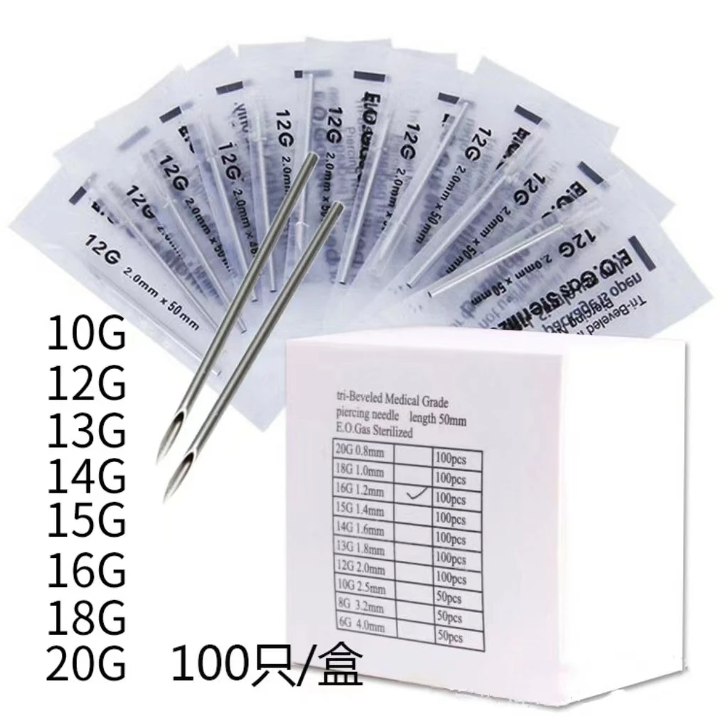 100pcs Body Piercing Needle 10g 12g 14g 16g 18g 20g Surgical Steel Sterile Disposable Ear Nose ...