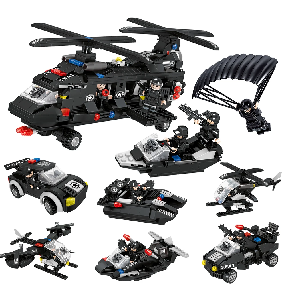 670 Pcs Swat Police Building Blocks Helicopter Car Rescue Boat Blocks ...