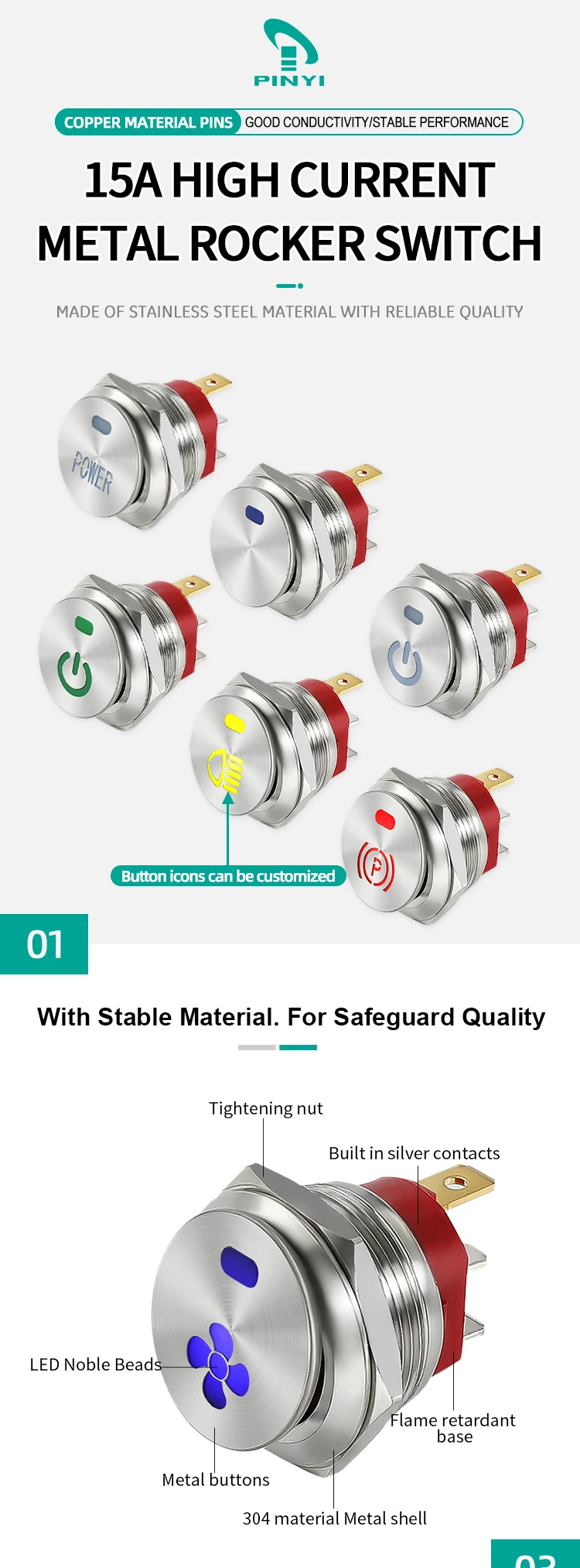 20A/12V 22MM Toggle Rocker Switch with LED Light Customized Power ...