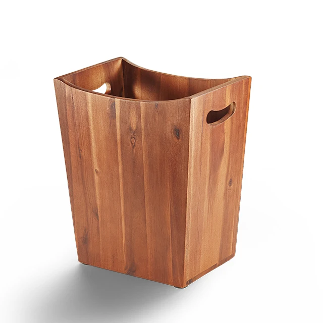 Acacia Wooden Square Trash Can with Double Handles Garbage Bin ...