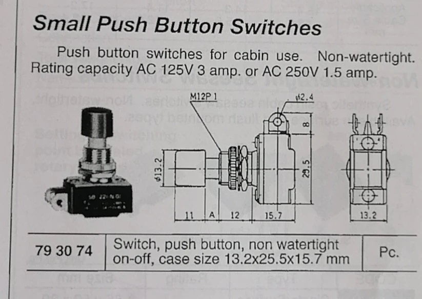 IMPA 793074 Small Push Button Switch for Cabin Use on off Switch