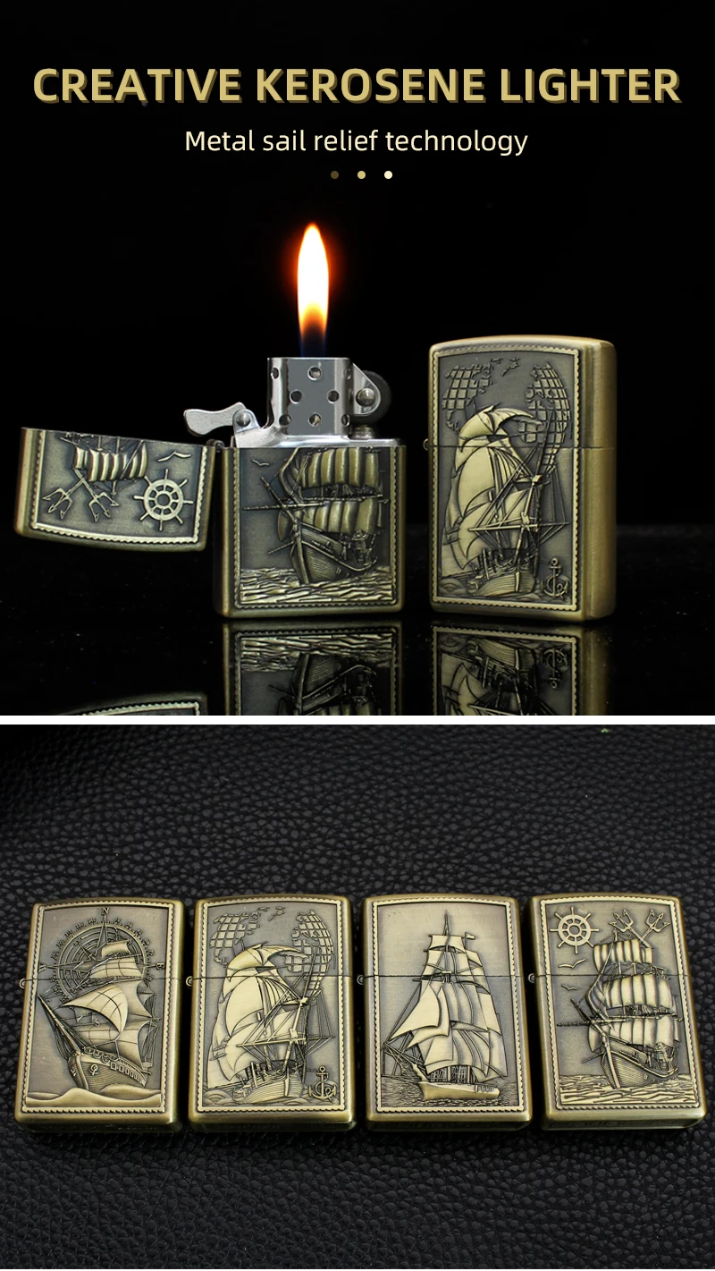 Jt6185 Creative Retro Sail Carving Technology Kerosene Lighter Metal ...