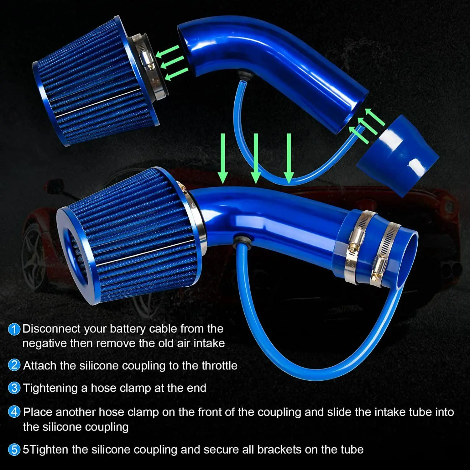 Raracing3'' Universal Car Cold Air Intake Filter Induction Kit Aluminum ...