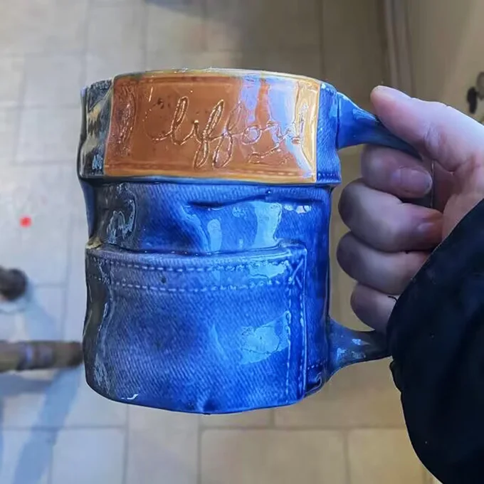 Custom Handmade Creative Beer Tea Cup Cute Blue 3D Ceramic Denim Jeans ...