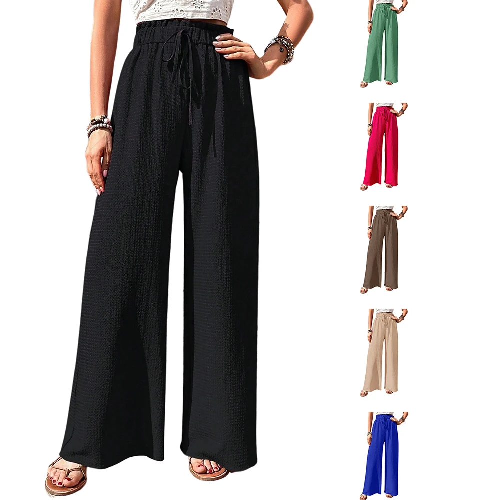 Women's Wide Leg Trousers High Elastic Waisted Bubble Plaid Wide Bottom ...