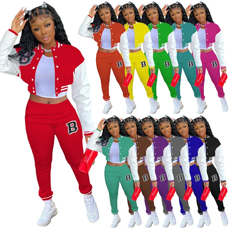 Custom Logo Patchwork Two Piece Tracksuits Set Women Jogging Sweatsuit ...