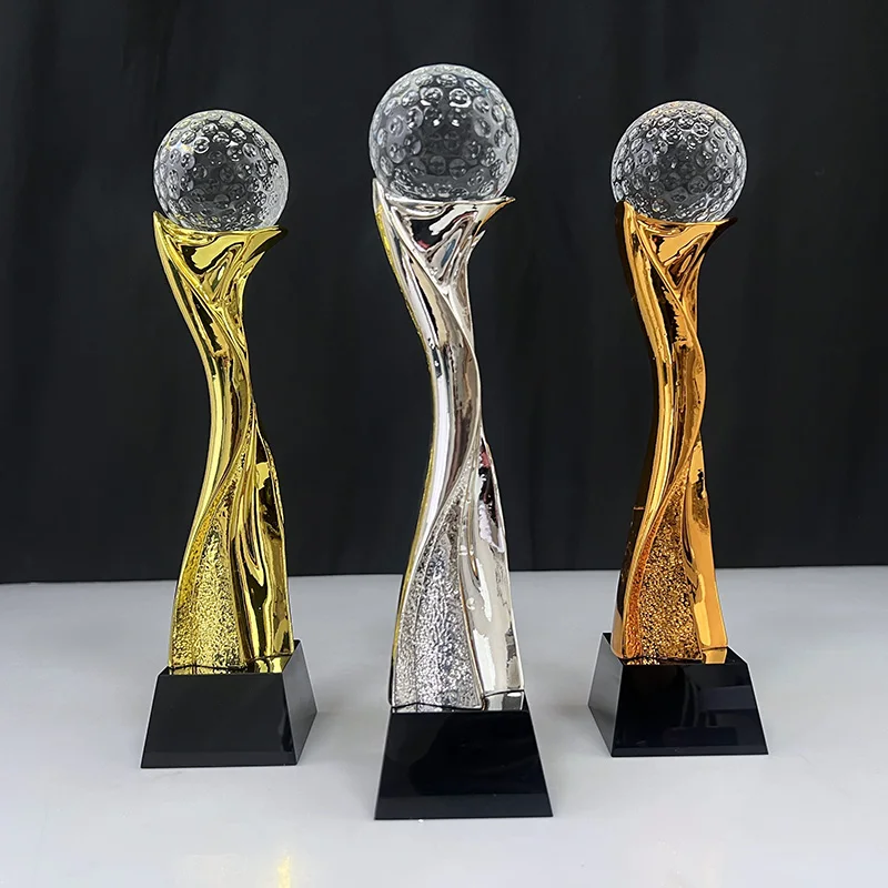 Customized Gold Silver Bronze Color Resin Crystal Trophy With Golf Ball ...