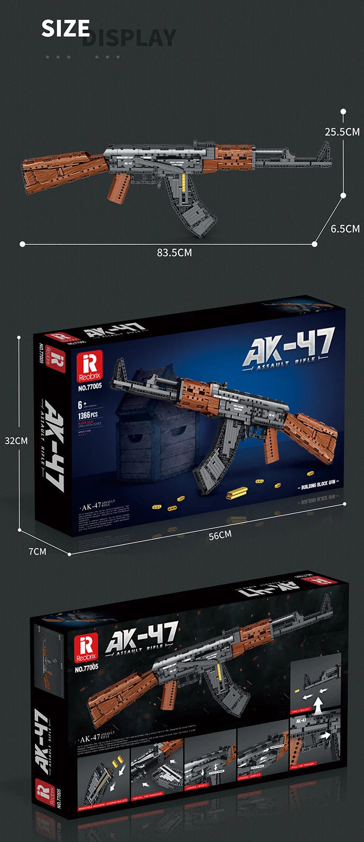 Reobrix 77005 AK47 Assault Rifle Shotgun - 1366pcs Model Blocks