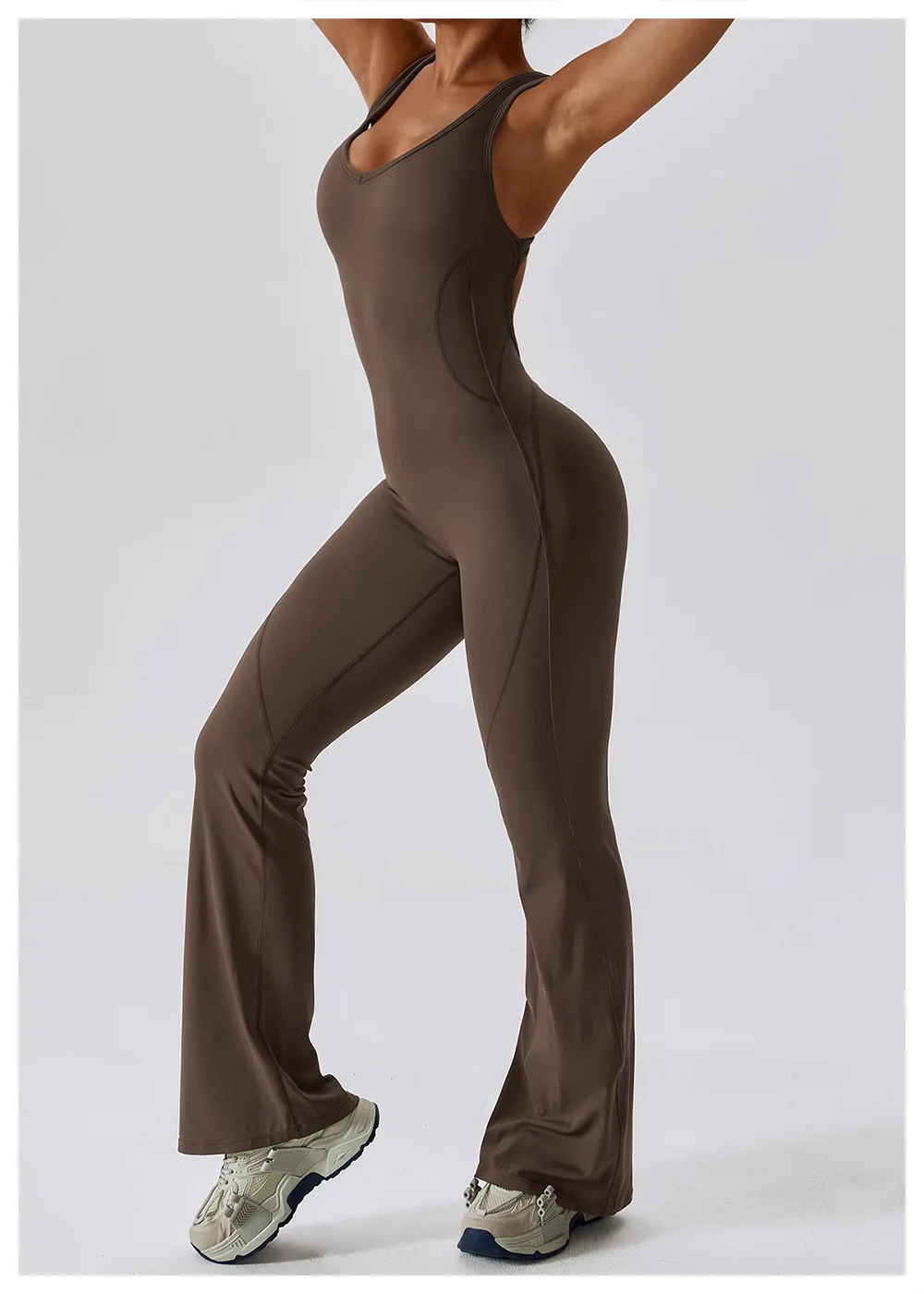Women Workout Flare Jumpsuits Sexy Backless Gym Bodycon Scrunch Butt ...