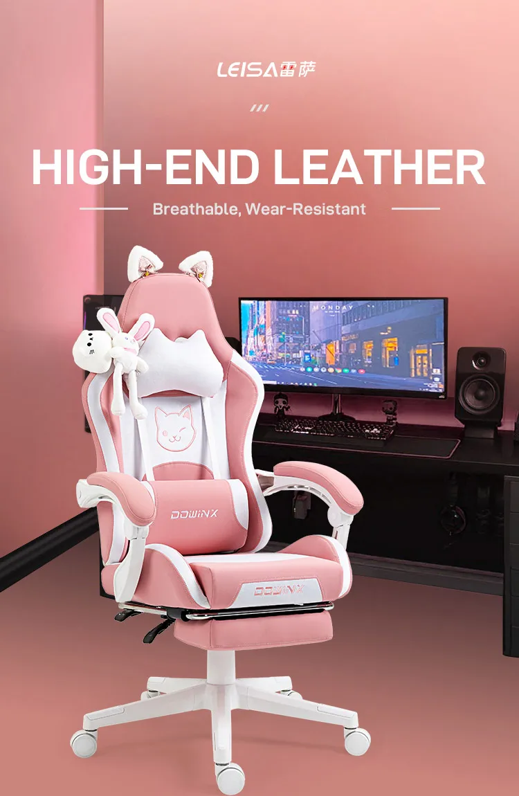 Pink Cute Gaming Chair with Cat Ears Ergonomic Computer Chair with ...