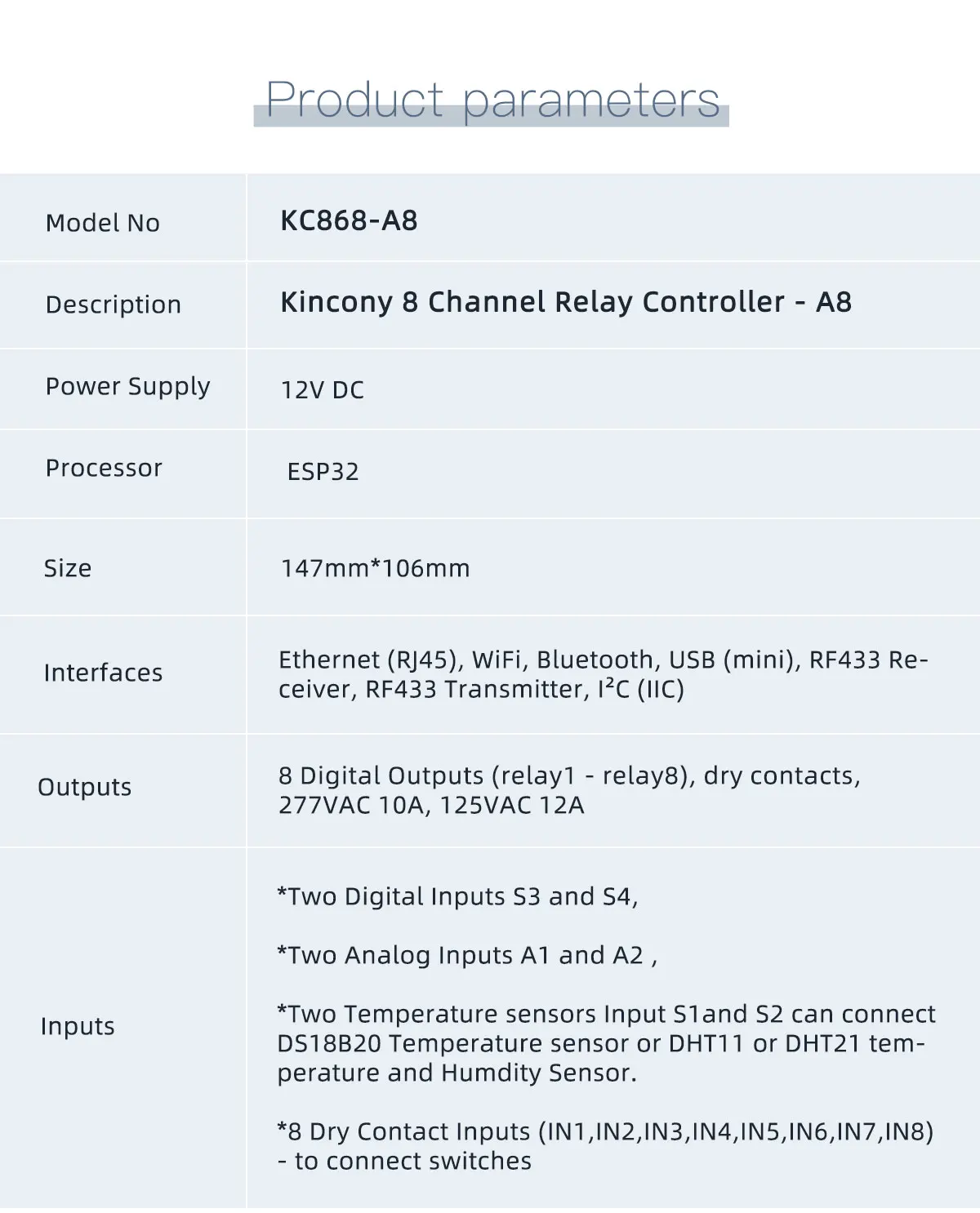 Kincony KC868-A8 ESP32 Wifi/ethernet RS232 USB Relay Module