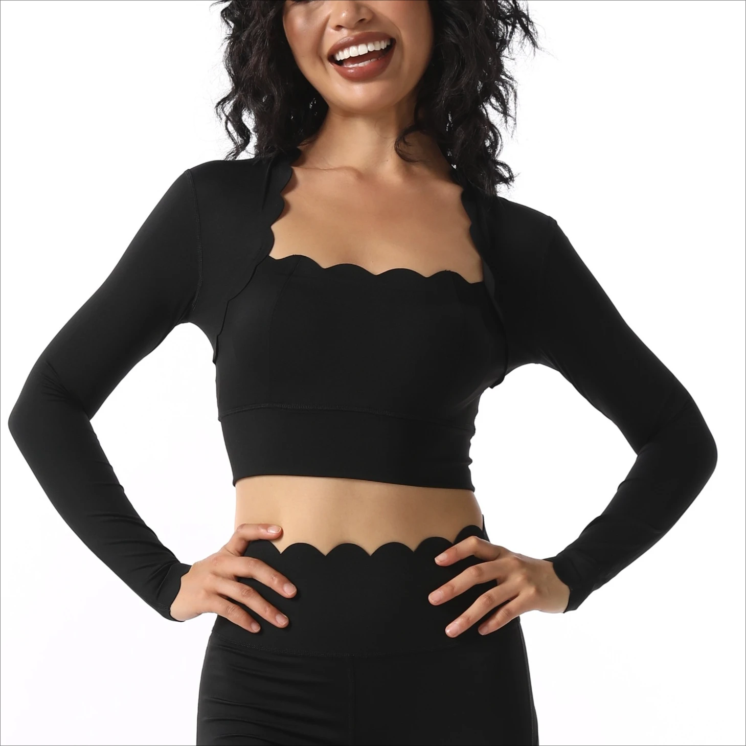 Square Neck Fitted High Stretch Slimming Yoga Workout Long Sleeve Top ...