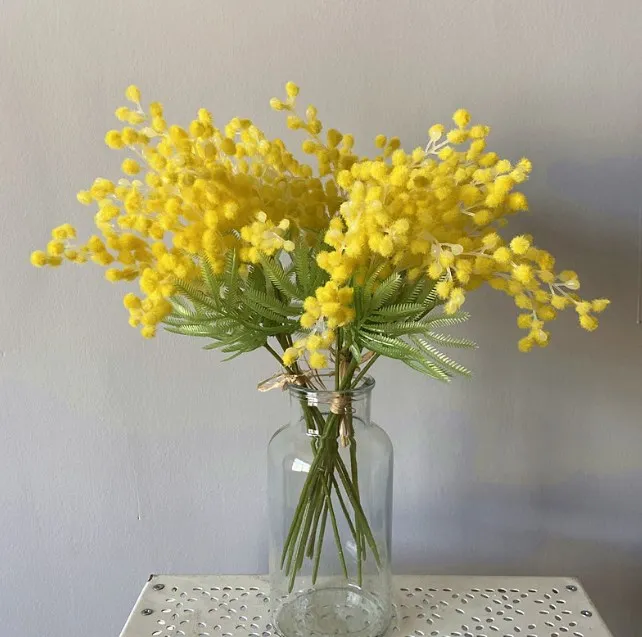 Multi Sizes Artificial Acacia Flower Flocking Mimosa Spray Artificial ...