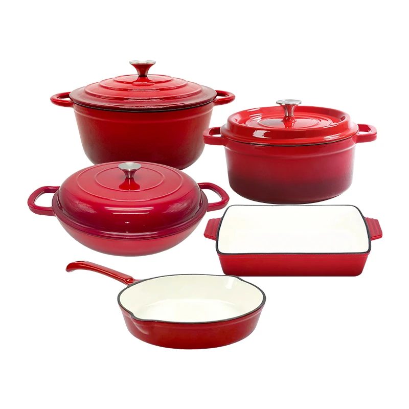 Cast Iron Cookware Sets Non Stick Red Enamel Dutch Oven Casserole Pots ...
