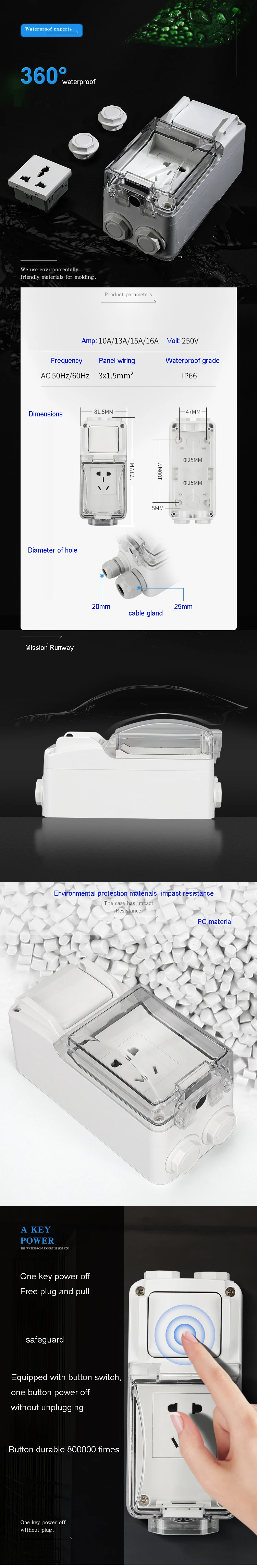 Ip66 250v 13a Plug Socket Switched Cover Waterproof Outside Bathroom ...