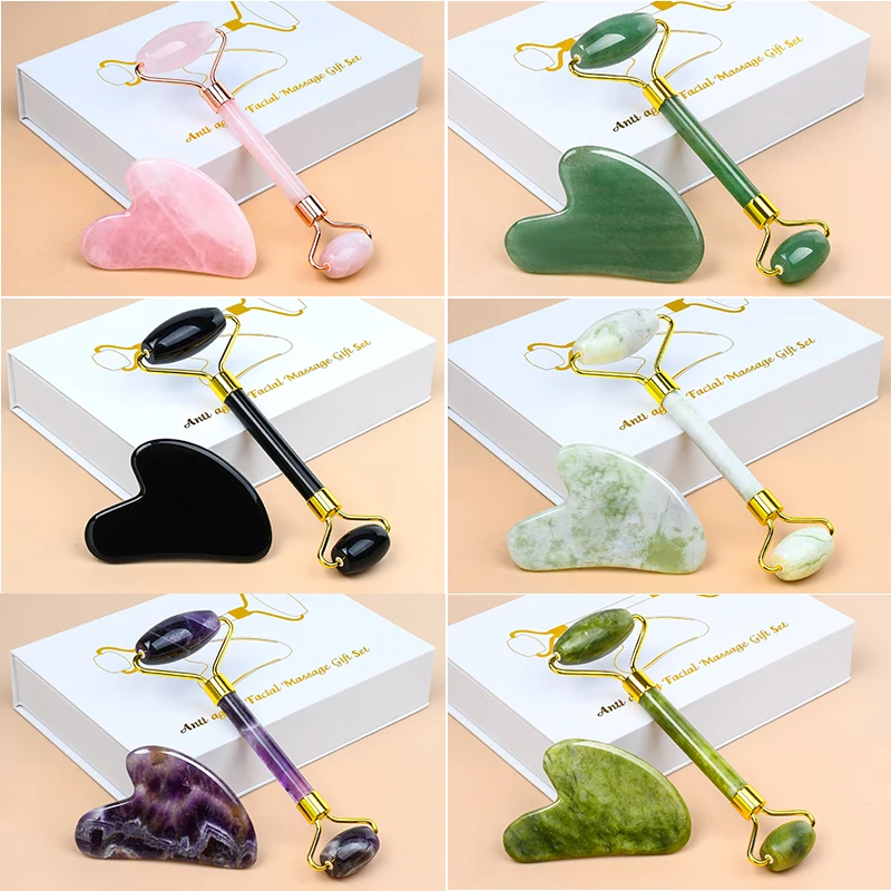 Rose Quartz Face Roller And Gua Sha Massager Crystal Stone Guasha Facial Roller Beauty Set ...
