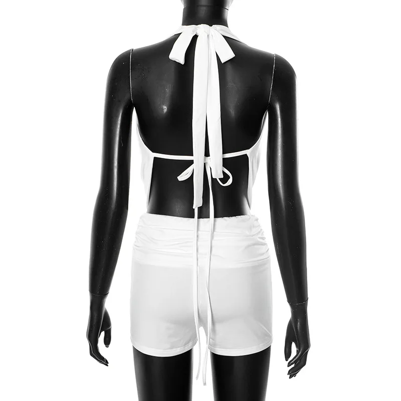 Summer New Women Halter Sets Swinging Collar Backless Lace up Top and ...