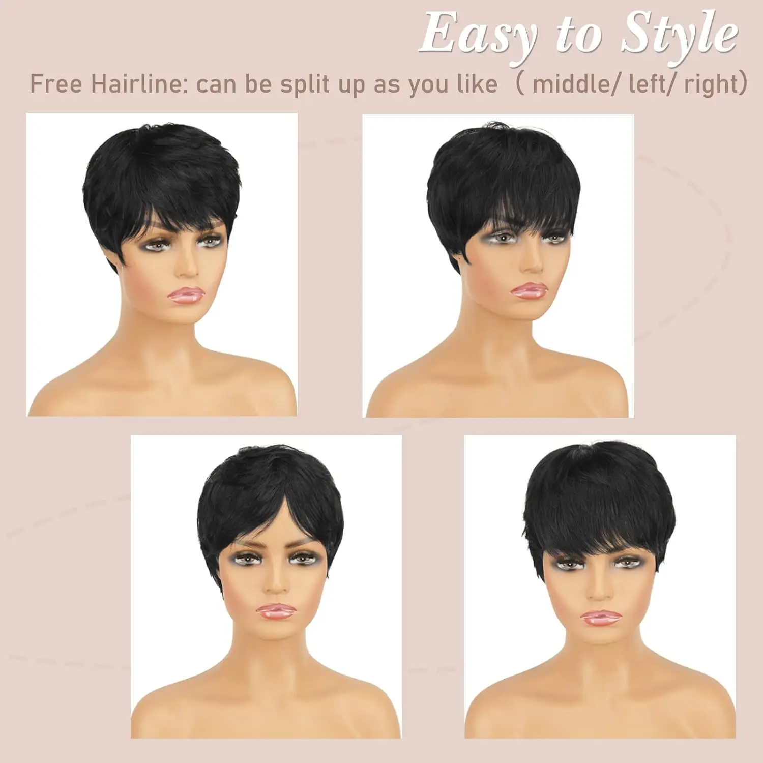 4 Inch Short Pixie Wig 100 Human Hair Full Wig for Women Black Machine ...
