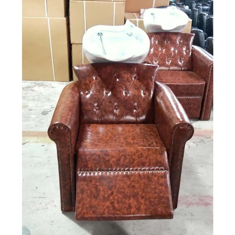 Antique Style Leather Tufted Brown Washing Chair Shampoo Bowl With ...