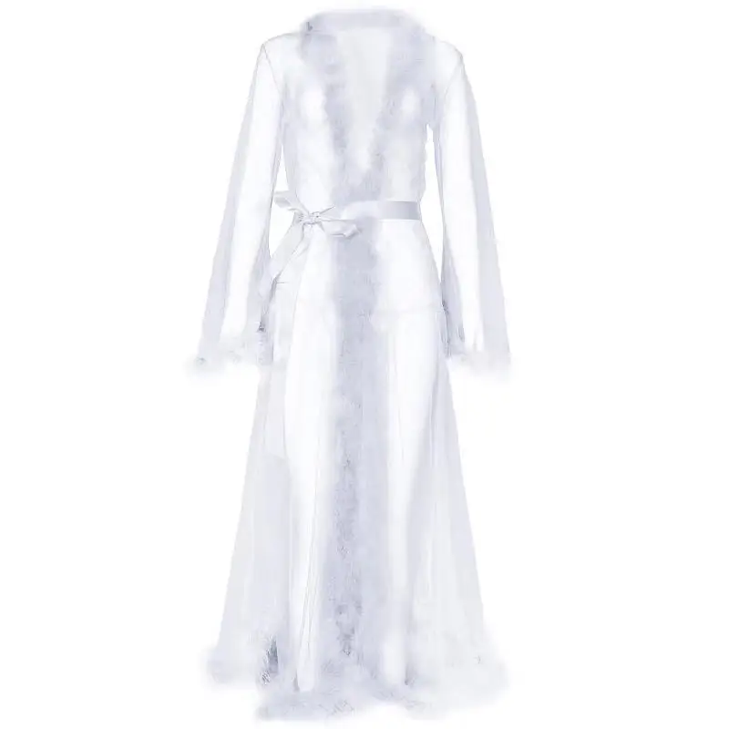 Wholesale Sexy Transparent Mesh Long Fur Feather Robe Ladies Night ...