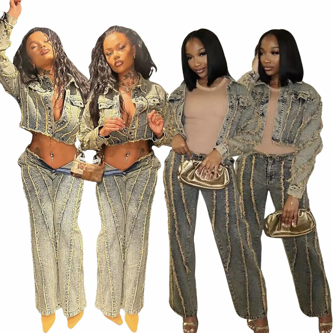 Y2k Denim Long Pants Two Piece Set Fall Clothes 2024 Cropped Jacket ...