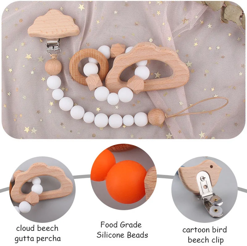 Custom Baby Teether Pacifier Chain Set Food Grade Silicone And Beech ...