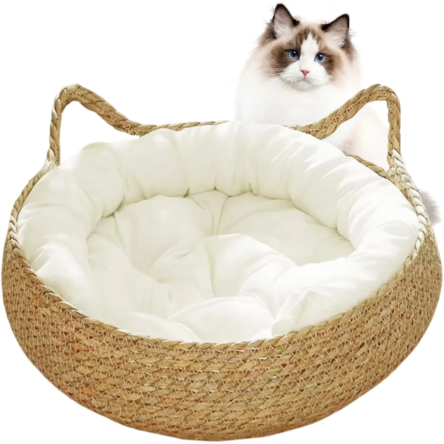 Straw Woven Cat Baskets Bed with Soft Cushion Round Basket Nest 2-in-1 ...