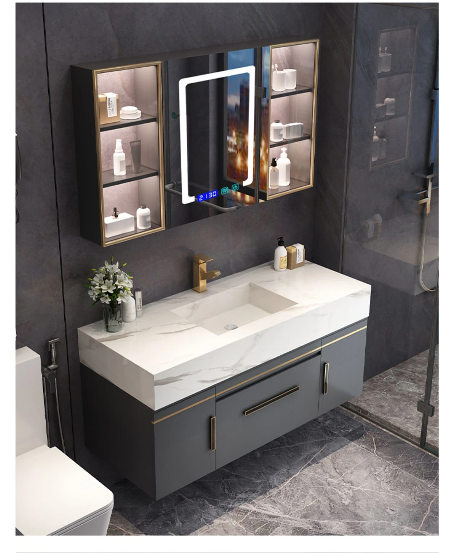 Modern Luxury Rock Slab Basin Plywood Vanity Cabinet
