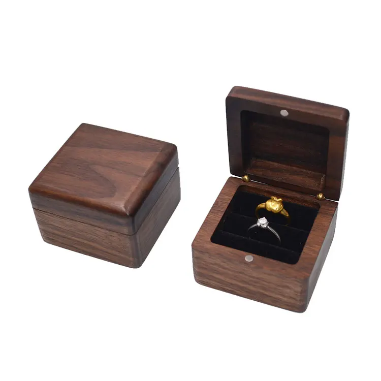 Custom Logo Square Wood Ring Box Packaging Walnut Luxury Gift Ring Case ...