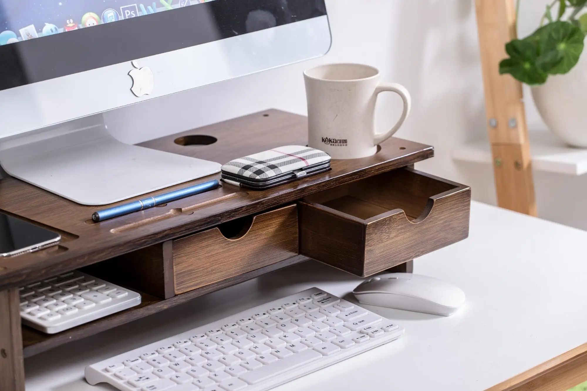 Bamboo Monitor Stand Riser With Storage Organizer Office Computer Desk ...